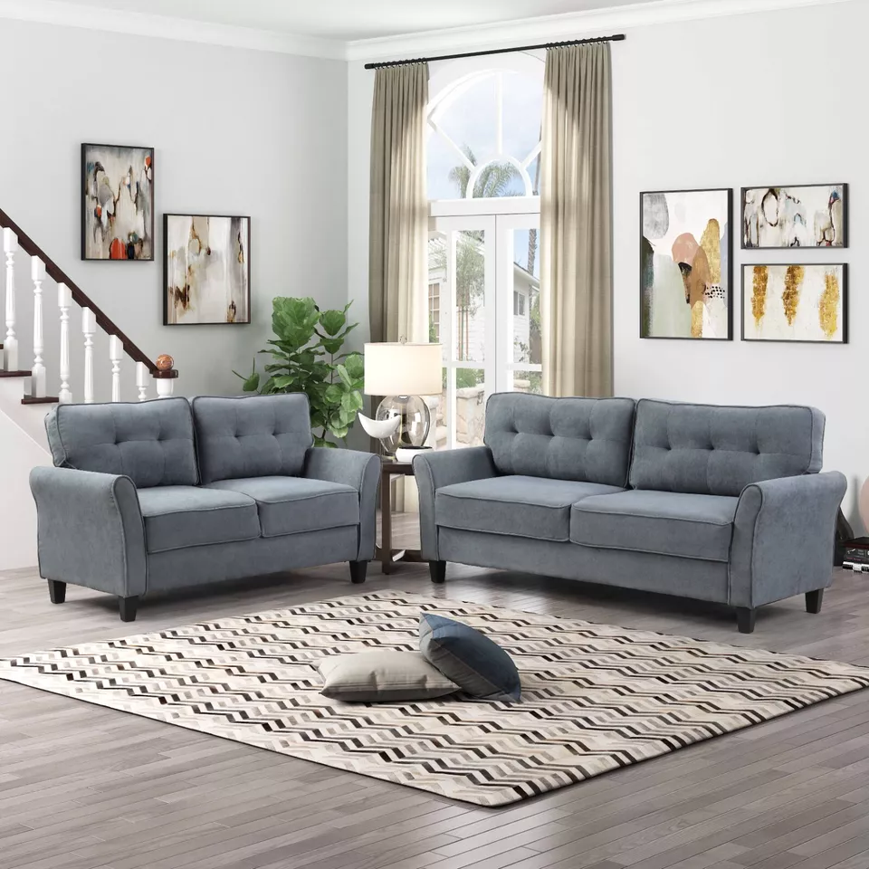 2 Piece Fabric Tufted Sofa Set, Classic Living Room Sofa and Loveseat ...