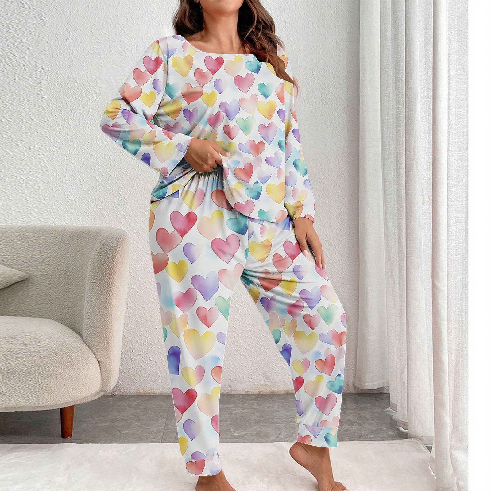 2 Piece Fall Pajamas for Women Plus Size Lounge Set Long Sleeve Hearts ...