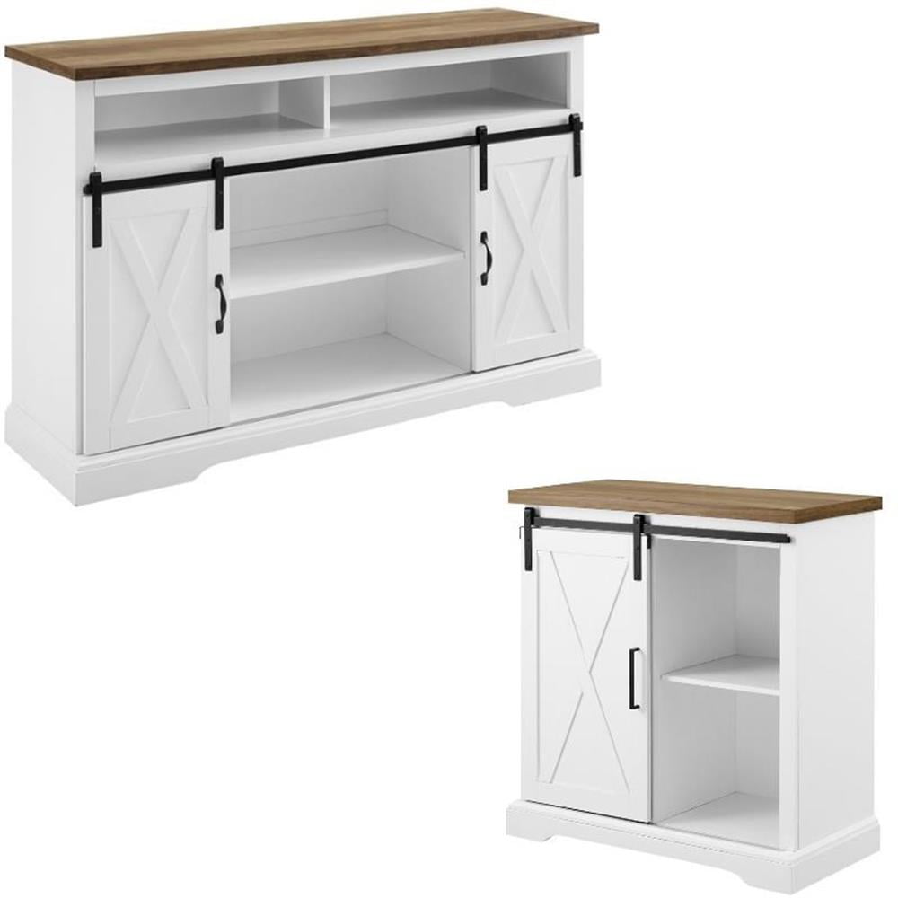 2 Piece Farmhouse Barn Door TV Stand and Buffet Table Set in White ...