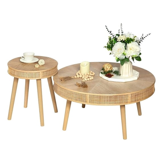 2-Piece Farmhouse Coffee Table, Modern Rustic Sofa Side Tea Tables ...