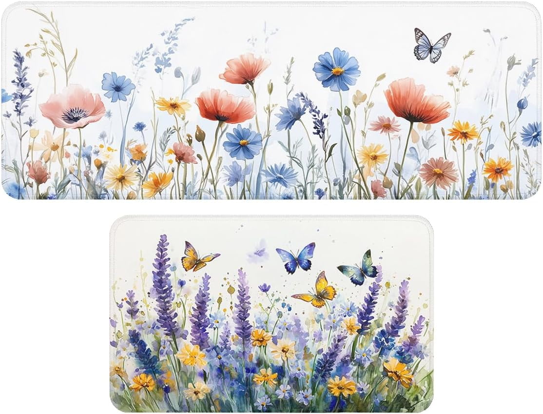 2 Piece Floral Kitchen Decor Rugs Set, Colorful Poppy Butterfly Daisy ...