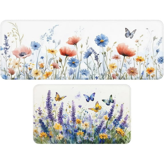 2 Piece Floral Kitchen Decor Rugs Set, Colorful Poppy Butterfly Daisy ...