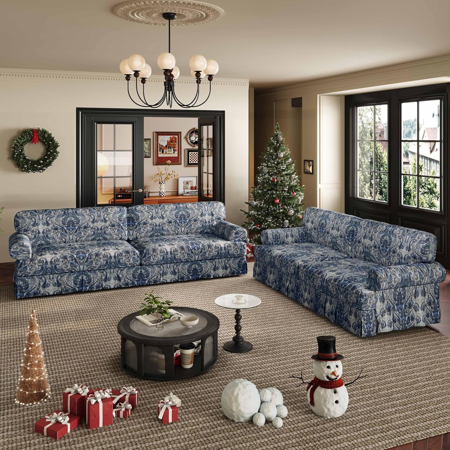 2 Piece Floral Pattern Sectional Sofa with Ruffled Skirt, Mid-Century ...