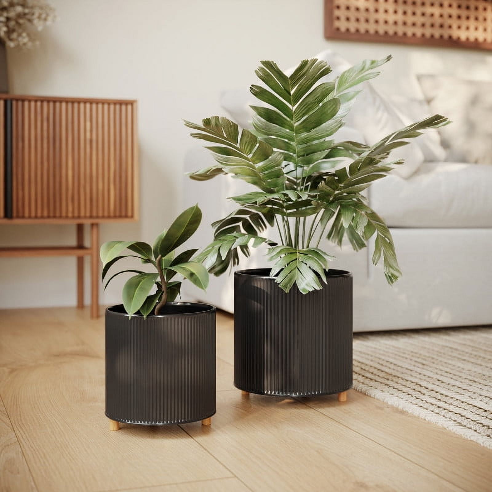 2-Piece Fluted Planter Pot With Peg Leg Planter Base - Black - 10.75"H ...