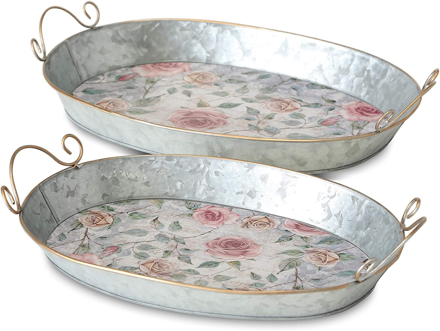 2 Piece Galvanized Oval Trays, Vintage English Rose Garden Pattern ...