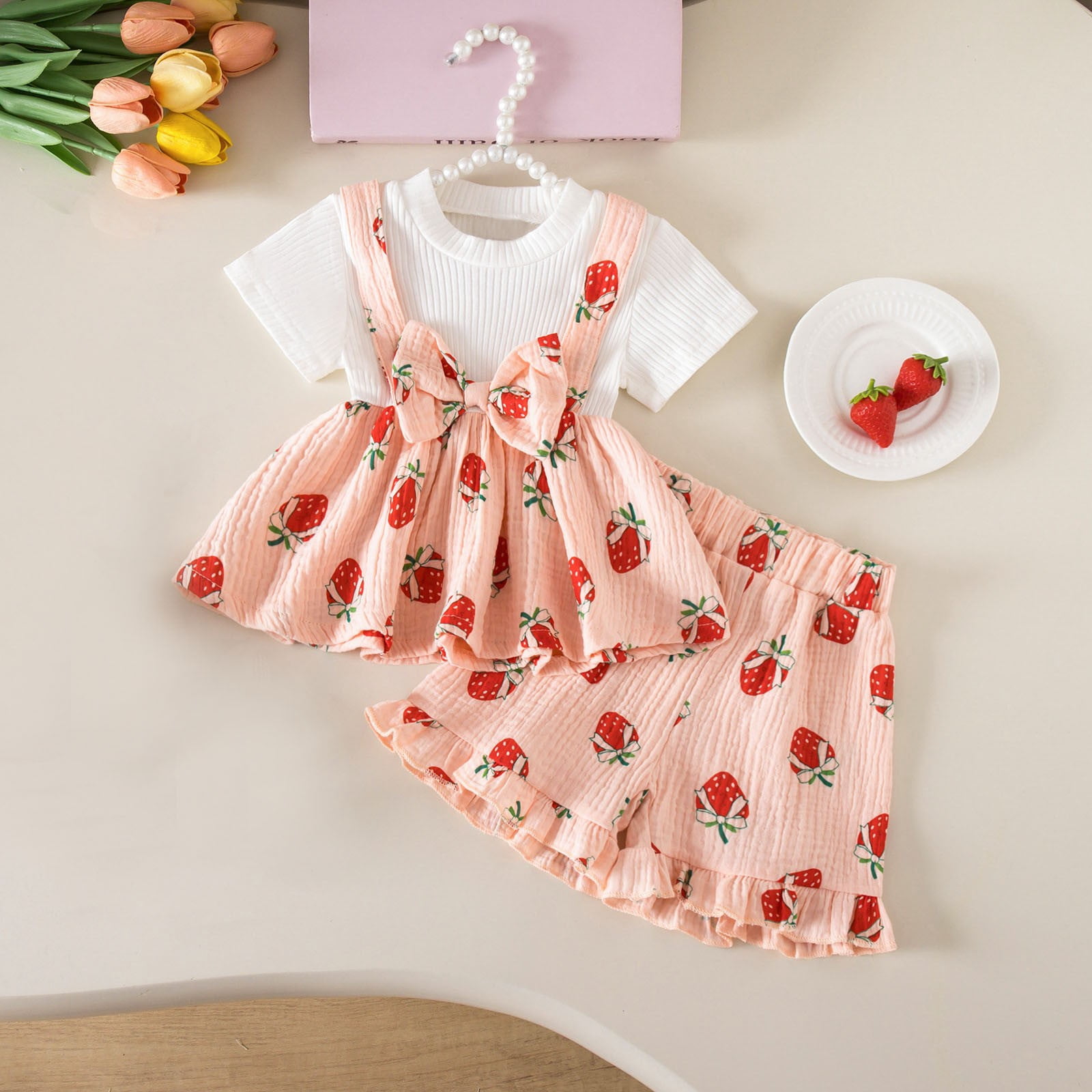 2 Piece Girls Cute Outfits Short Sleeve Crew Neck Pleated Tops Elastic ...