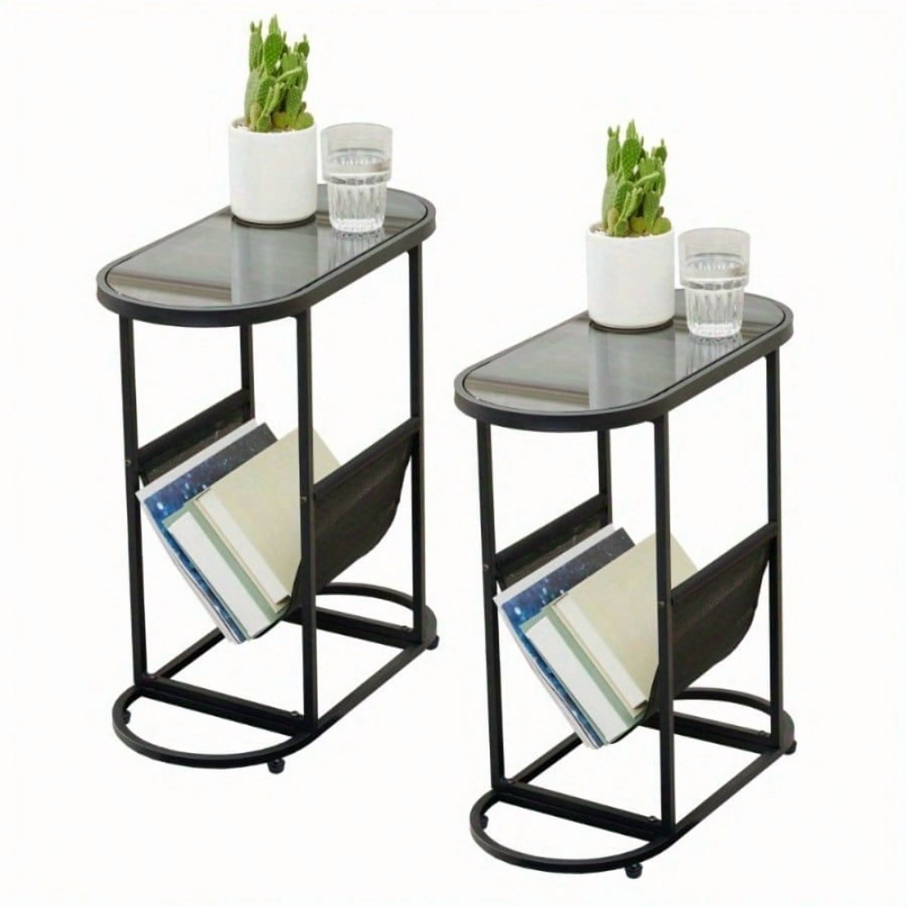 2-Piece Glass Oval Side Tables with Magazine Storage – Compact Design ...