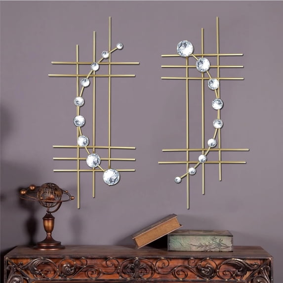 Gold and Silver Abstract Metal Wall Art Set with Sparkling Rhinestones ...