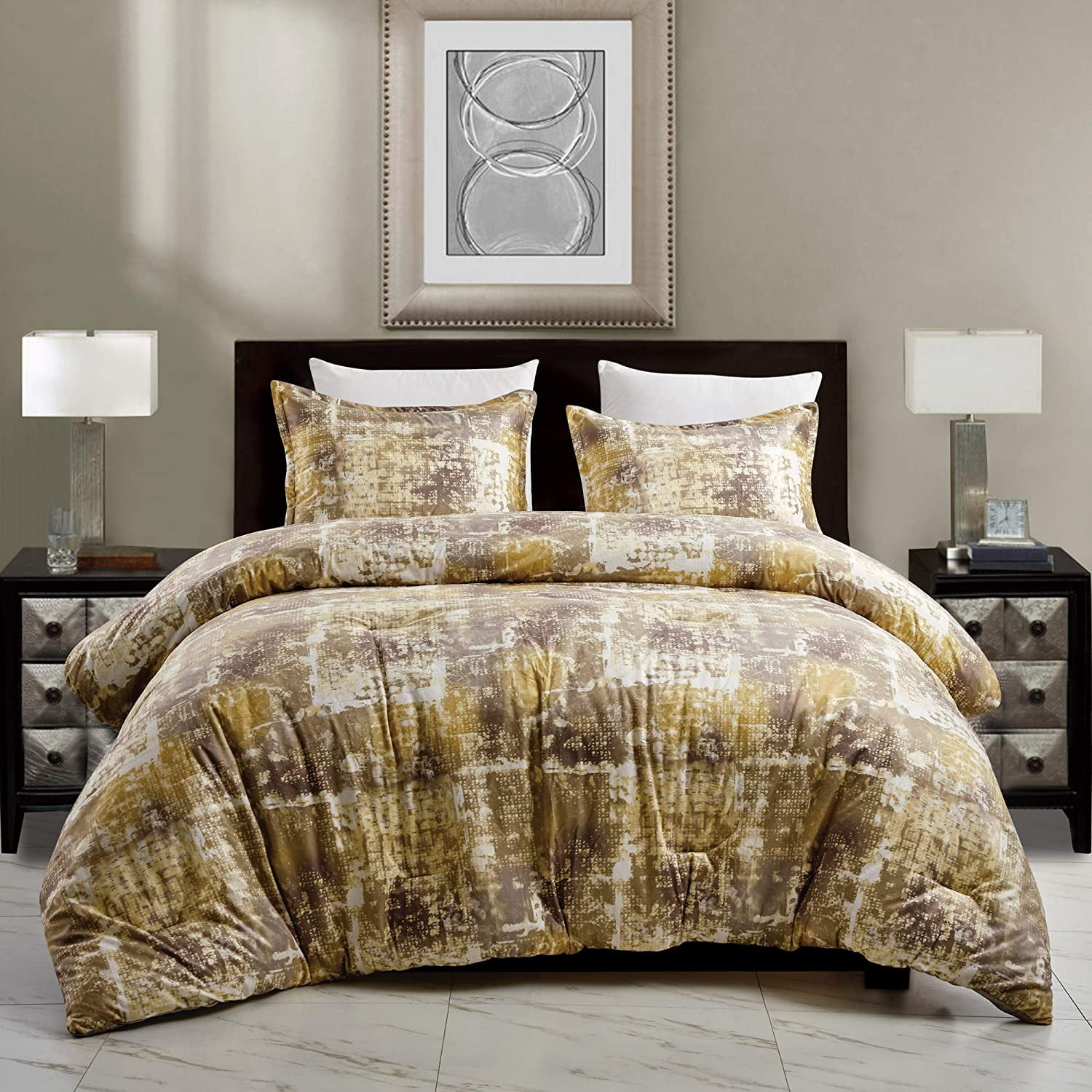 2 Piece Gold Yellow Taupe Brown Twin Comforter Set Luxury Royal Velvet ...