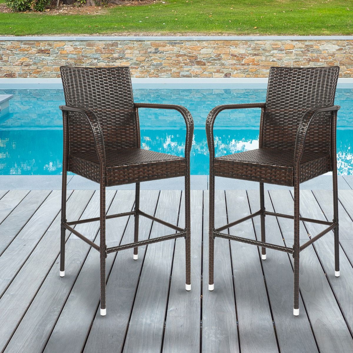 2-Piece Gradient Brown Woven Rattan Bar Stools with Ergonomic Backrest & Artisanal Weave Finish ...