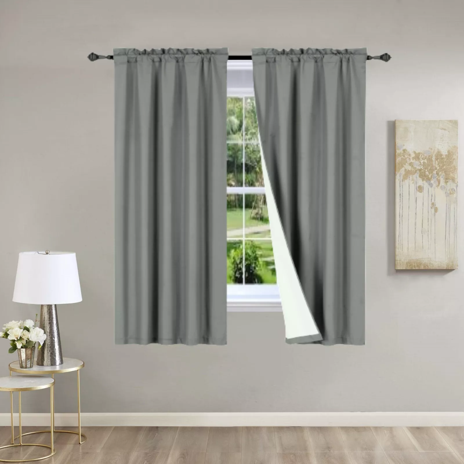 2 Piece Gray Light Blocking Panels White Backing Rod Pocket Window ...