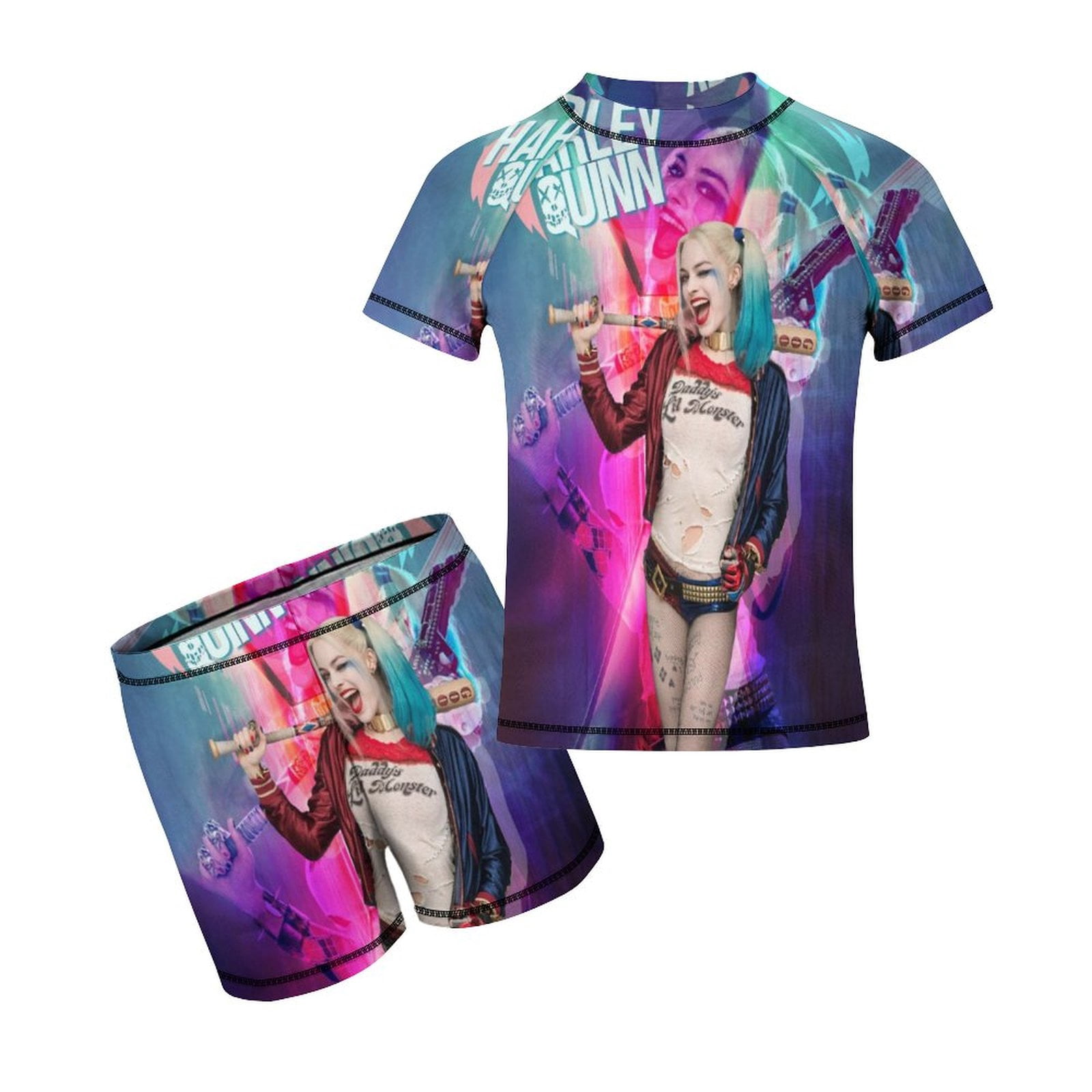 2 Piece Harley Quinn Bathing Suits Rash Guard Swim Shirts with Shorts ...