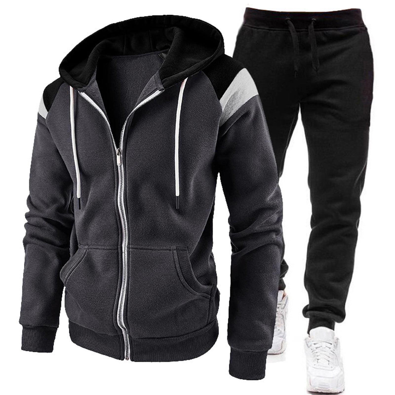 2 Piece Hoodie Sweatsuit Sets Men's Tracksuit Winter Casual Solid Color ...
