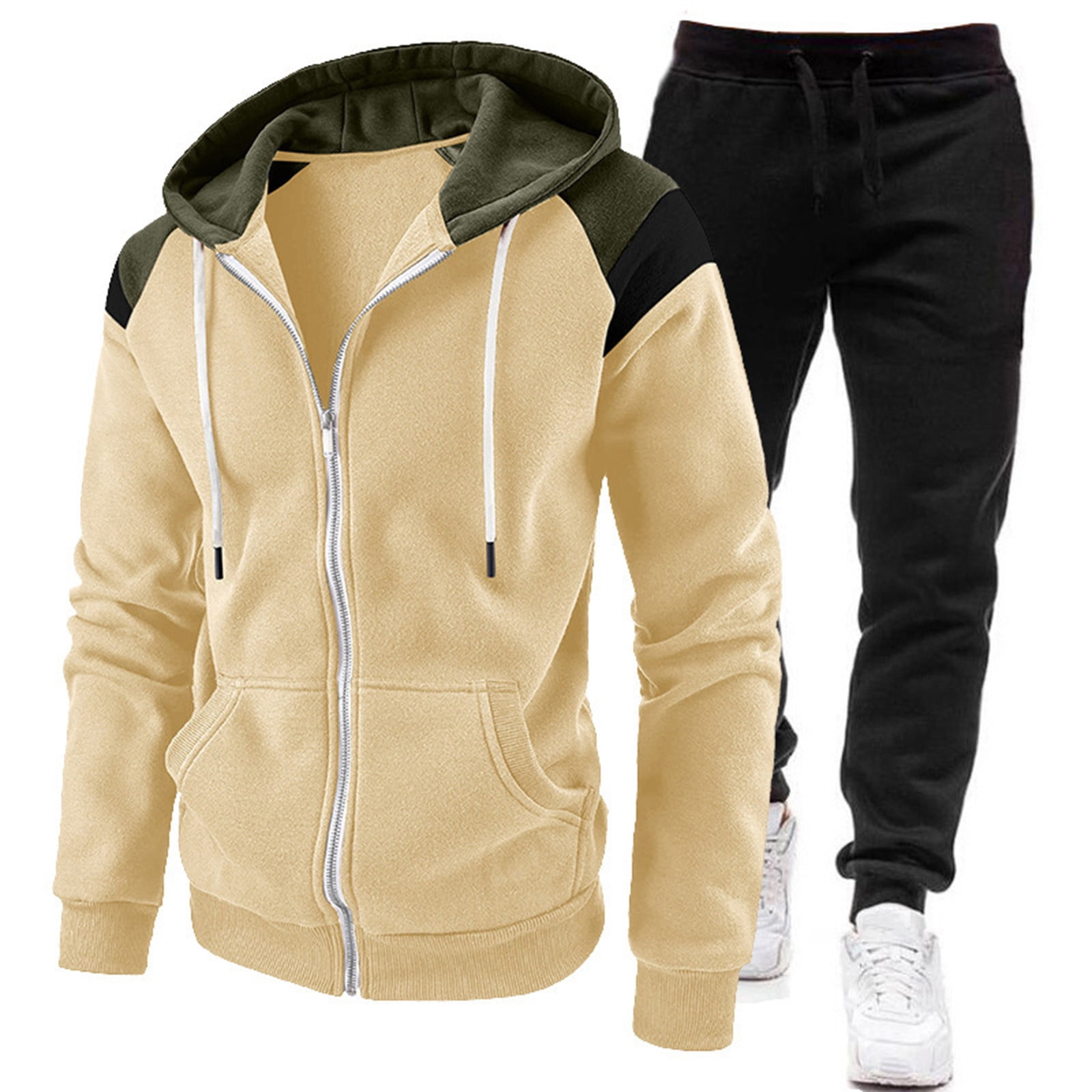 2 Piece Hoodie Sweatsuit Sets Men's Tracksuit Winter Casual Solid Color ...