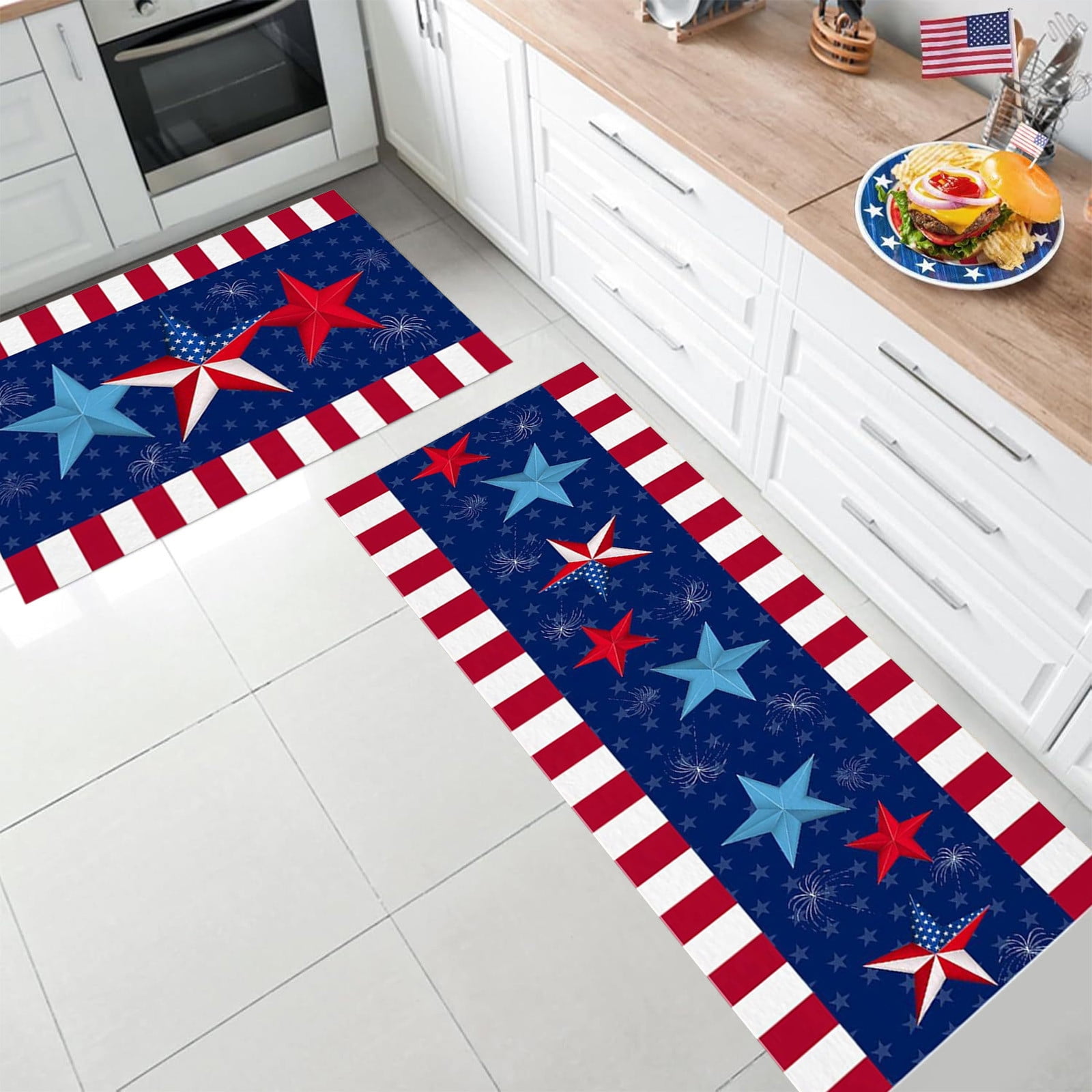 2-Piece Independence Day Kitchen Rug Set-Non-Slip Patriotic Doormats in ...