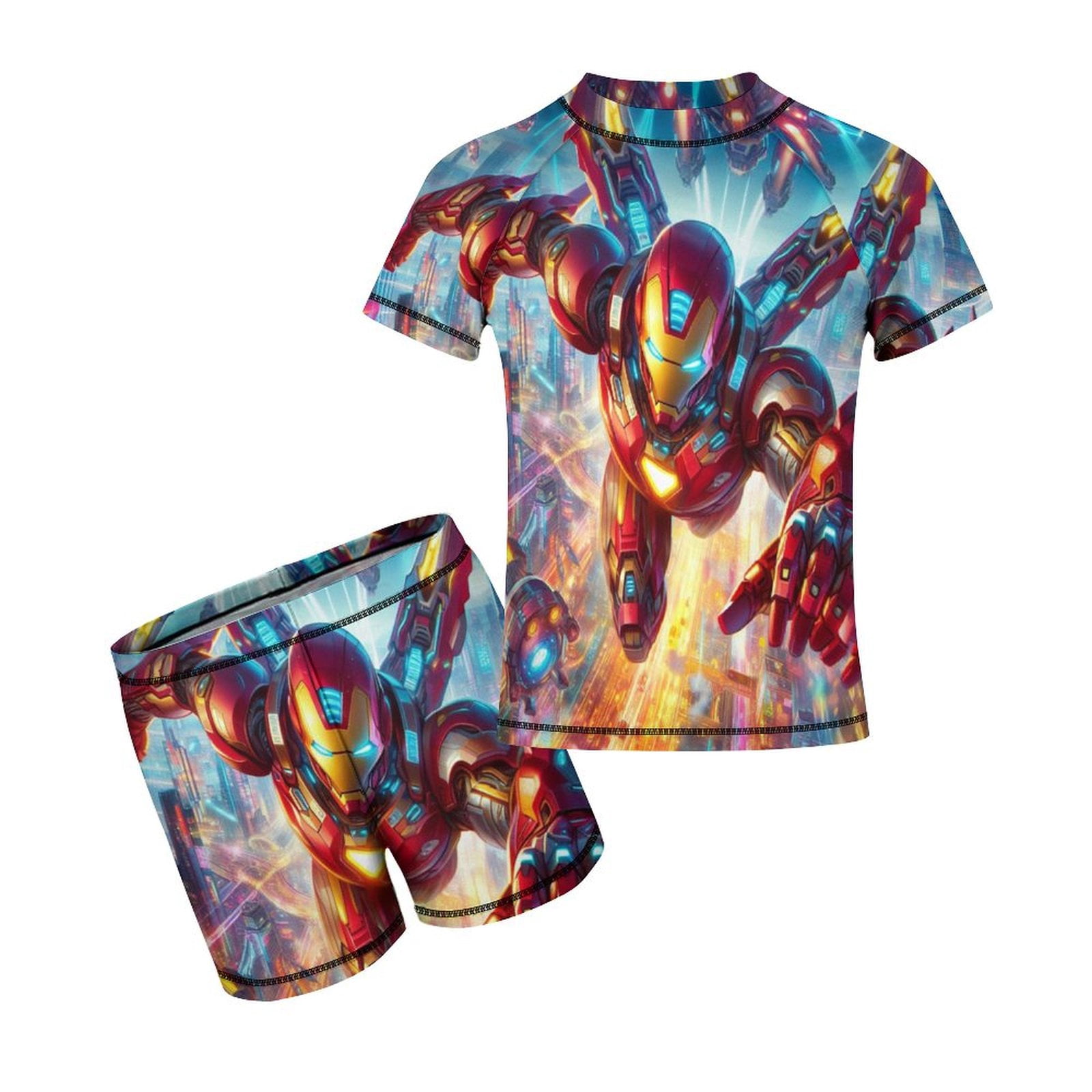 2 Piece Iron Man Boys Short Sleeve Swimsuit Rash Guard Sets Swimwear ...
