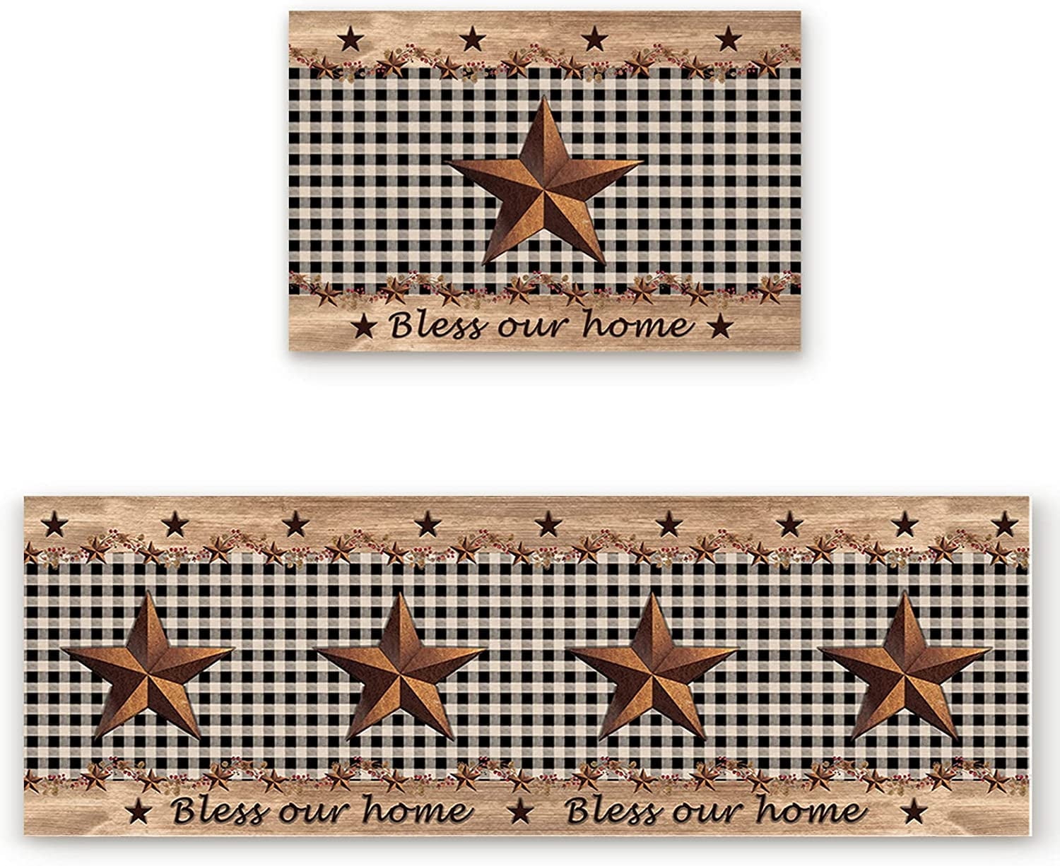 2 Piece Kitchen Rug Set, Farmhouse Black Plaid Non-Slip Floor Mats ...