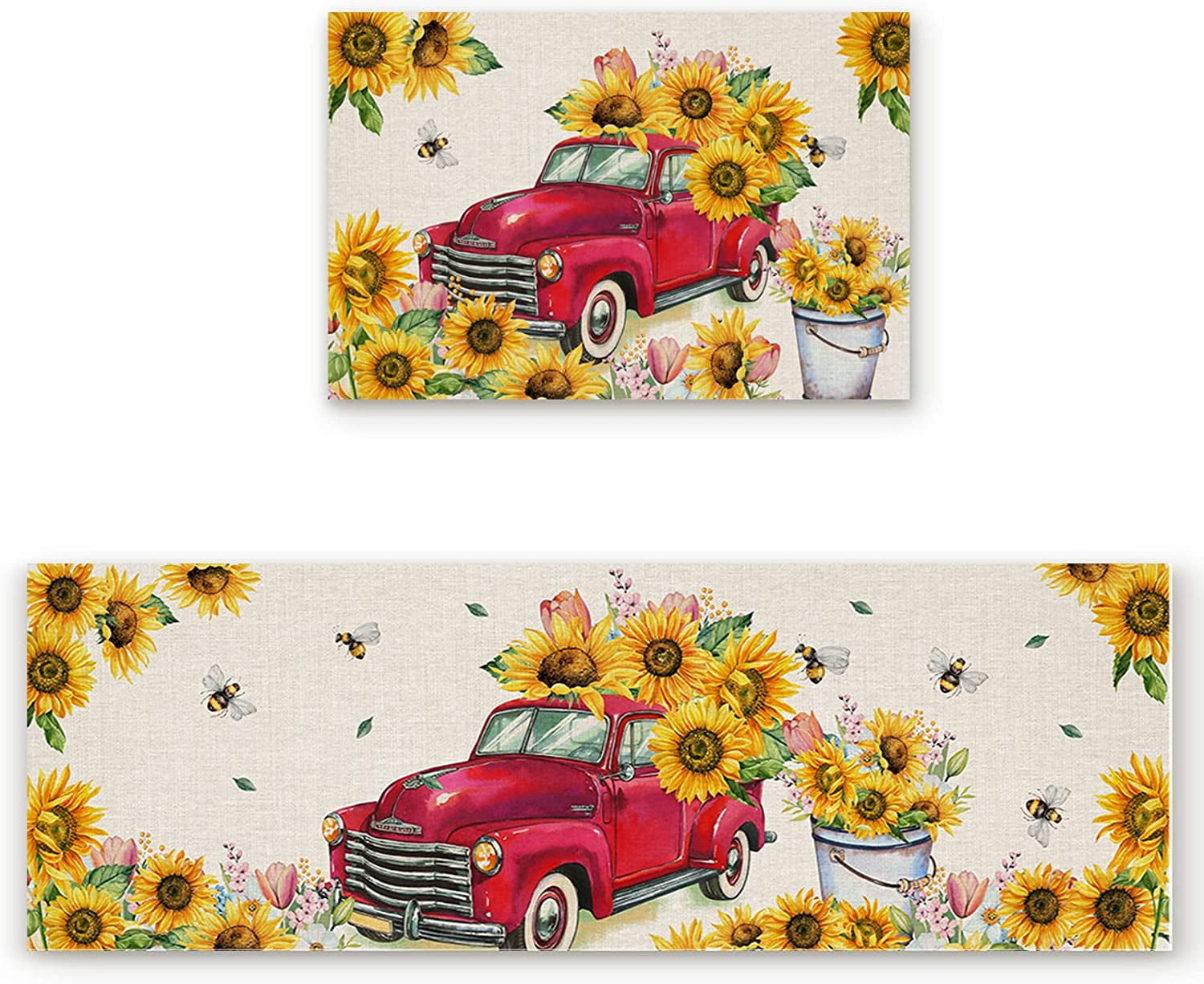 2 Piece Kitchen Rug Set, Sunflower Red Truck Summer Bee Non-Slip Floor ...