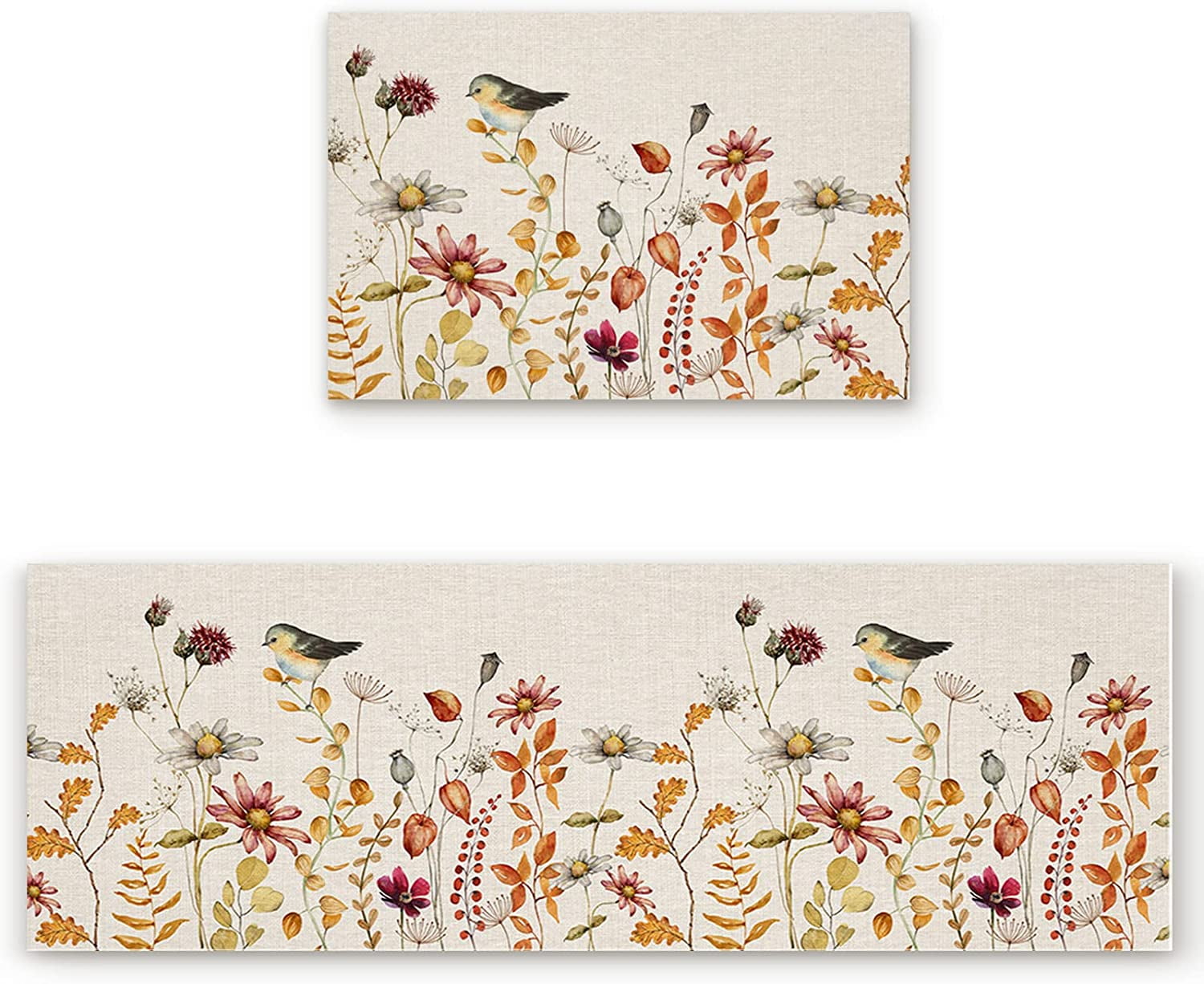 2 Piece Kitchen Rug Sets Daisy Wildflower Robin Non-Slip Floor Mats ...