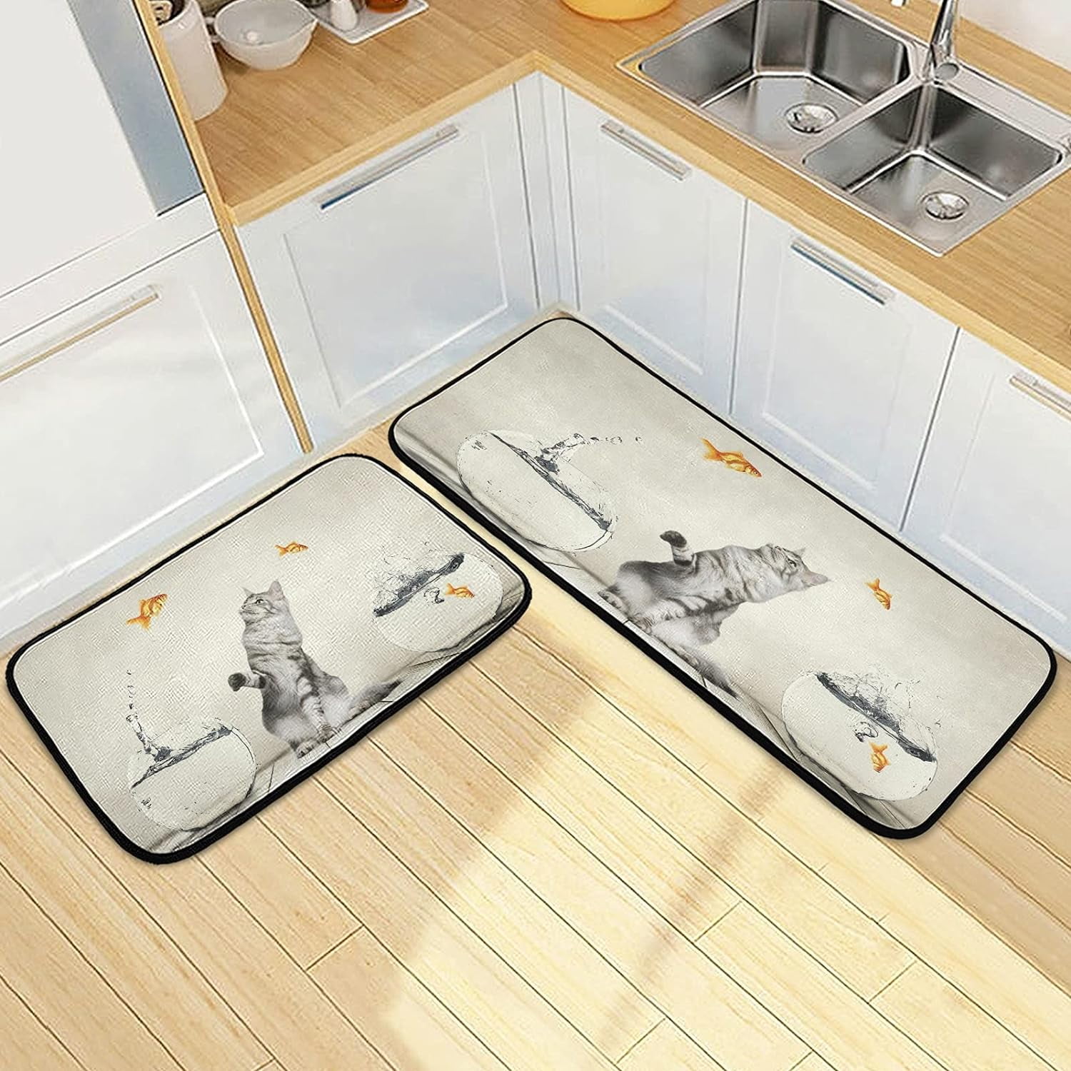 2 Piece Kitchen Rugs and Mats, Funny Cat Fish Cushioned Kitchen Mat ...