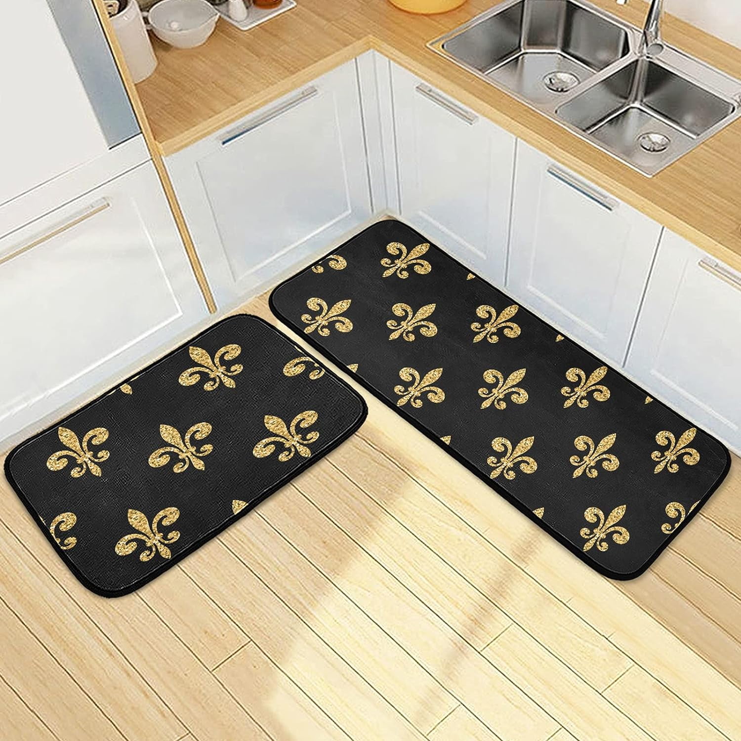 2 Piece Kitchen Rugs and Mats, Gold Glitter Fleur De Lis Cushioned ...