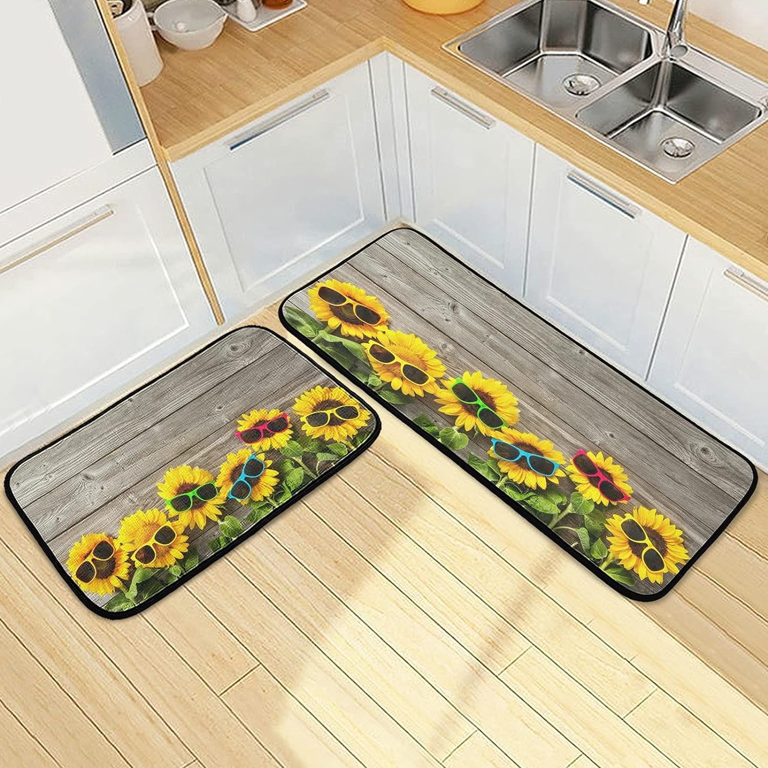 2 Piece Kitchen Rugs and Mats, Sunflower on Wooden Board Cushioned ...