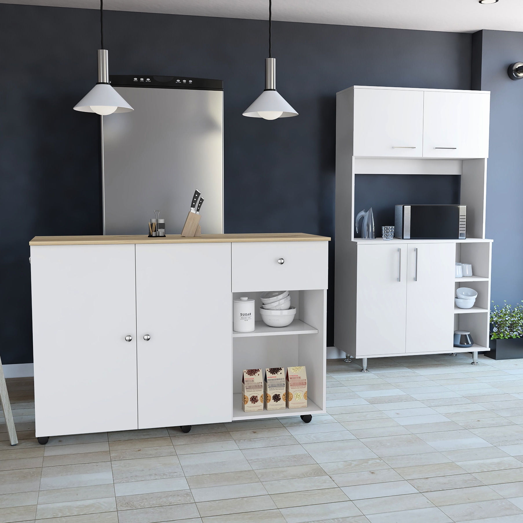 2 Piece Kitchen Set - Kitchen Island Cart + Pantry Cabinet, White/Light ...