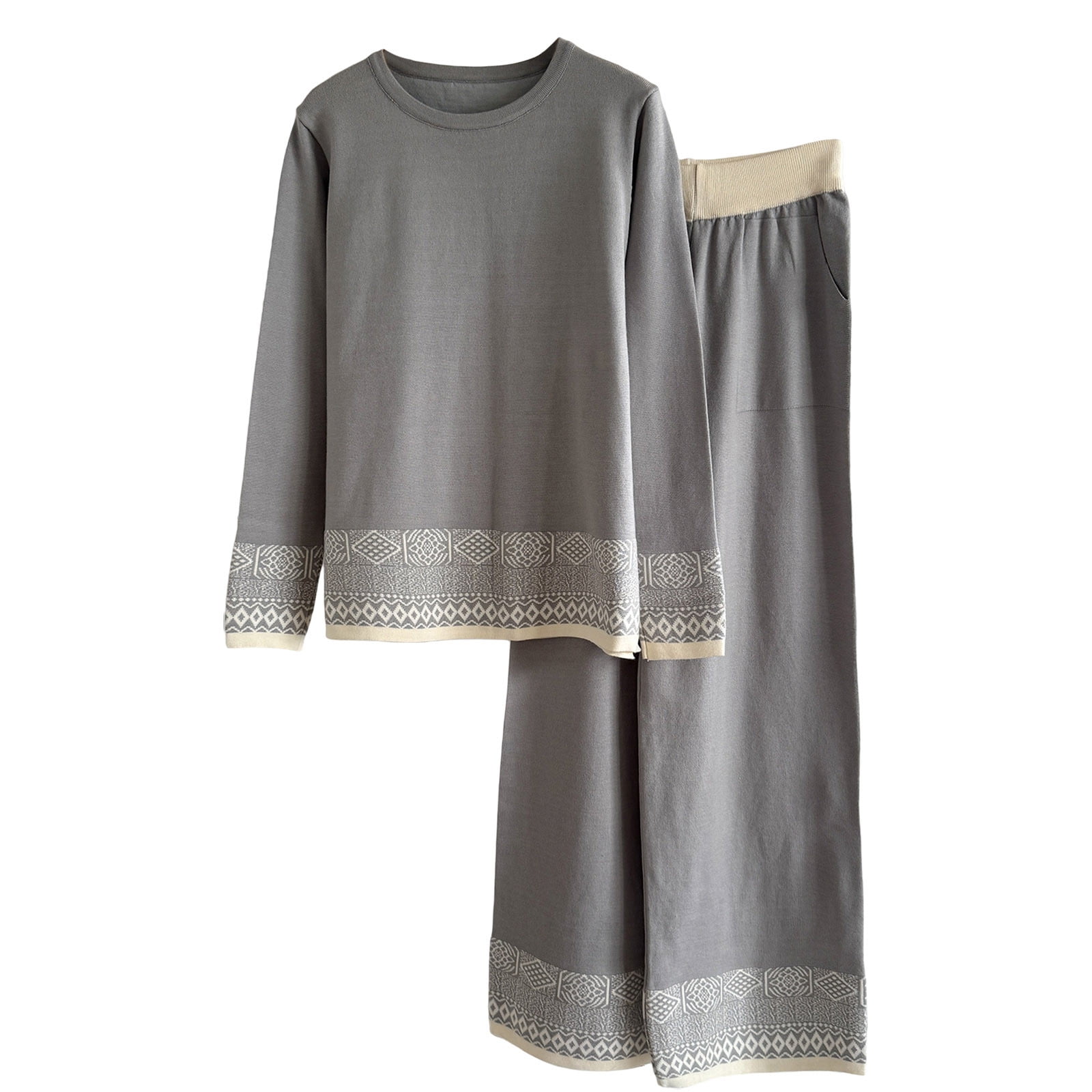 2 Piece Knitted Set For Women Crew Neck Pullover Wide Leg Elastic Waist ...