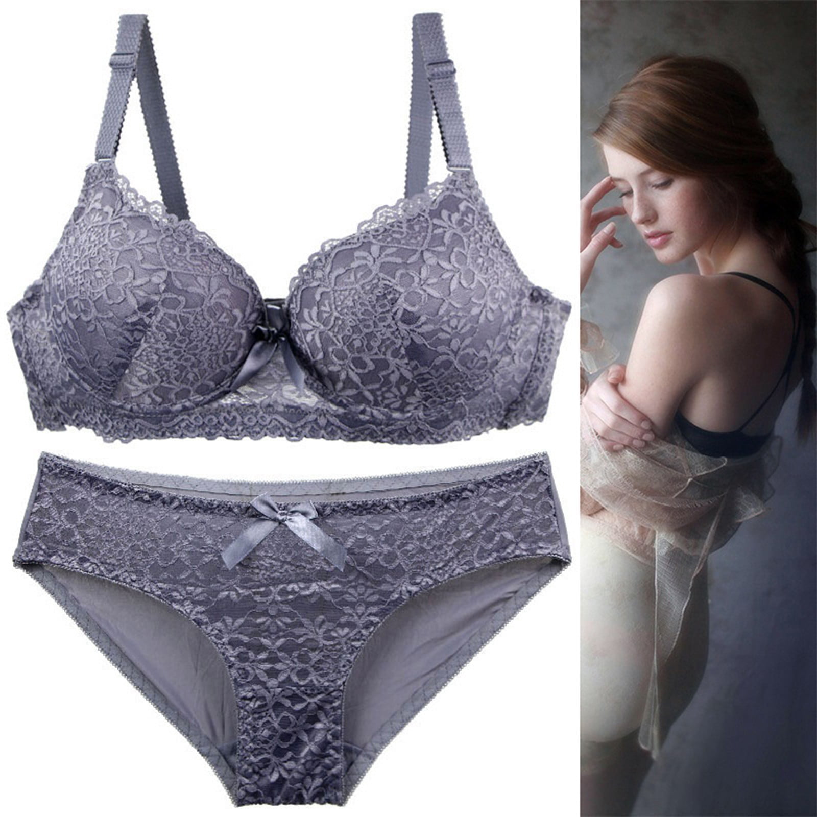 2 Piece Lace Underwear Set, Padded Bra & Regular Fit Panty, Wireless Bralette, Gray 80C, Size ...