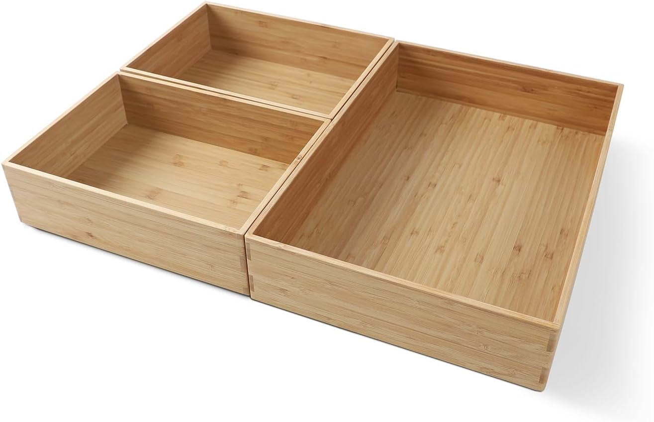 2-Piece Large Bamboo Storage Box Set, 7.1-Inch High Stackable Deep ...