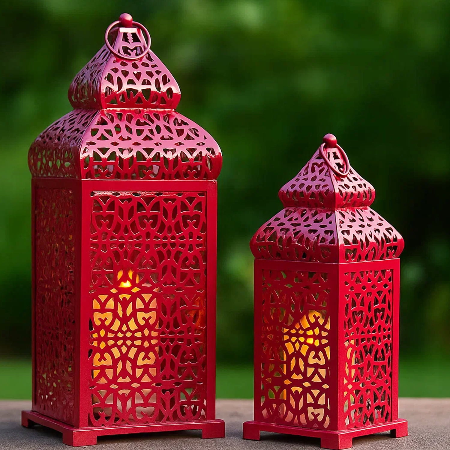 2-Piece Large Moroccan Temple Lanterns, Metal Cut-Out Decorative Candle ...