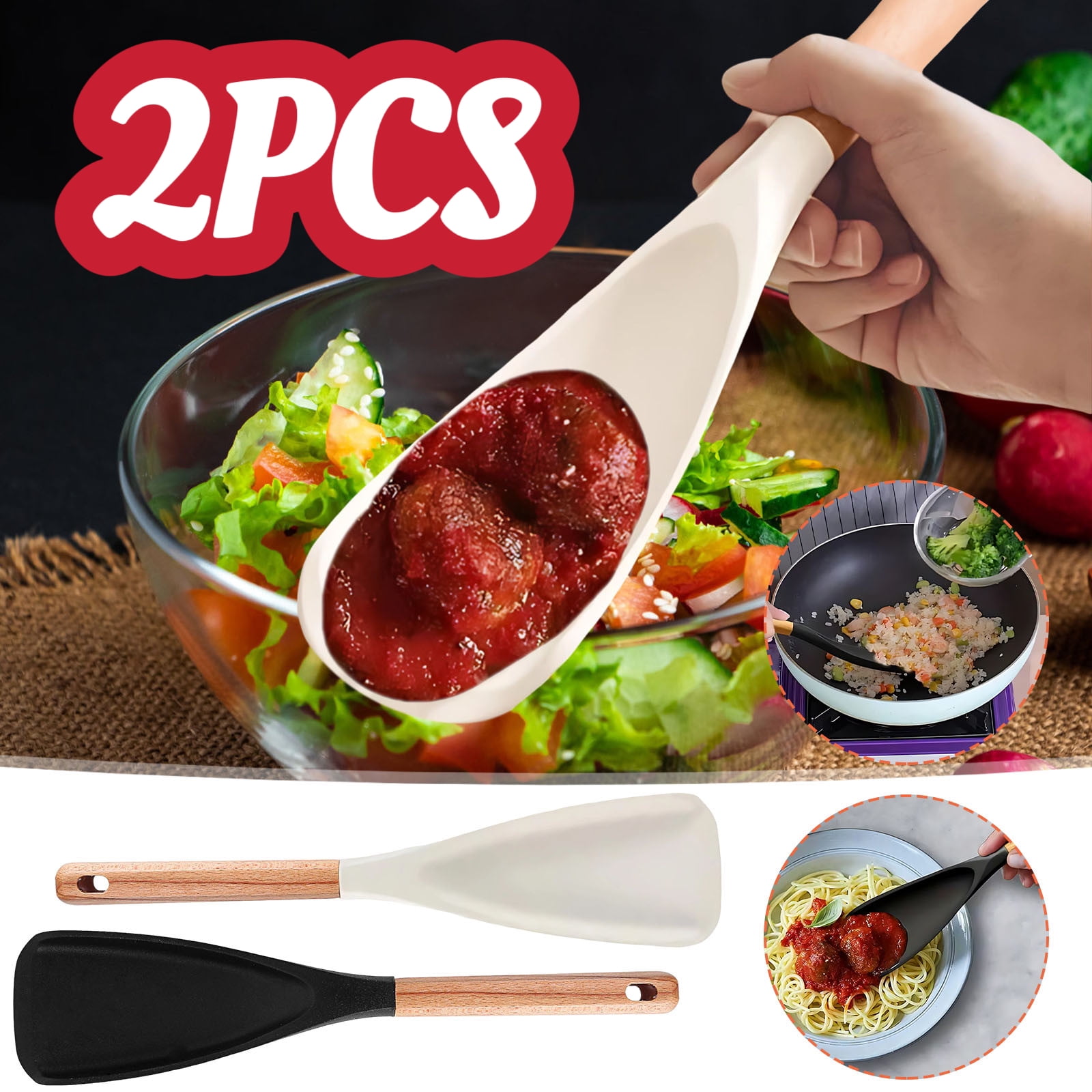 2-Piece Large Silicone Cooking Spoons, Nonstick Solid Wooden Handle ...
