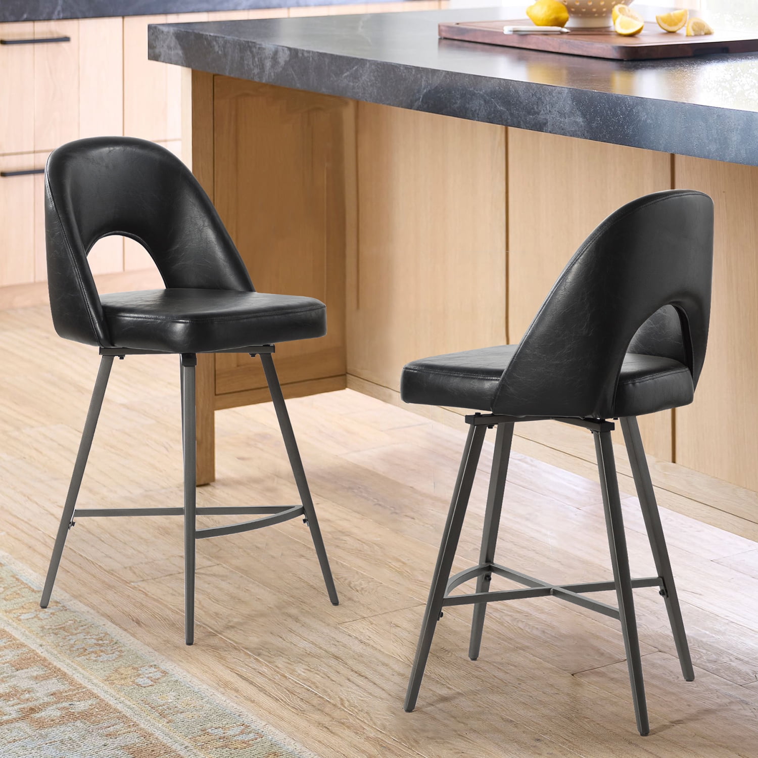 2 Piece Leather Bar Stools Dining Chairs with Footrest Cutout Design ...
