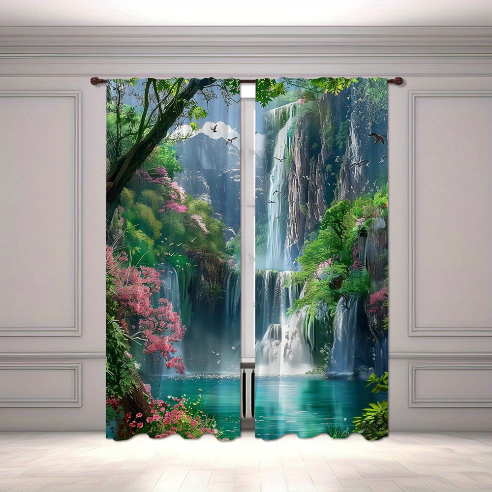 2-Piece Light Filtering Polyester Curtains With Scenic Print Rod Pocket ...