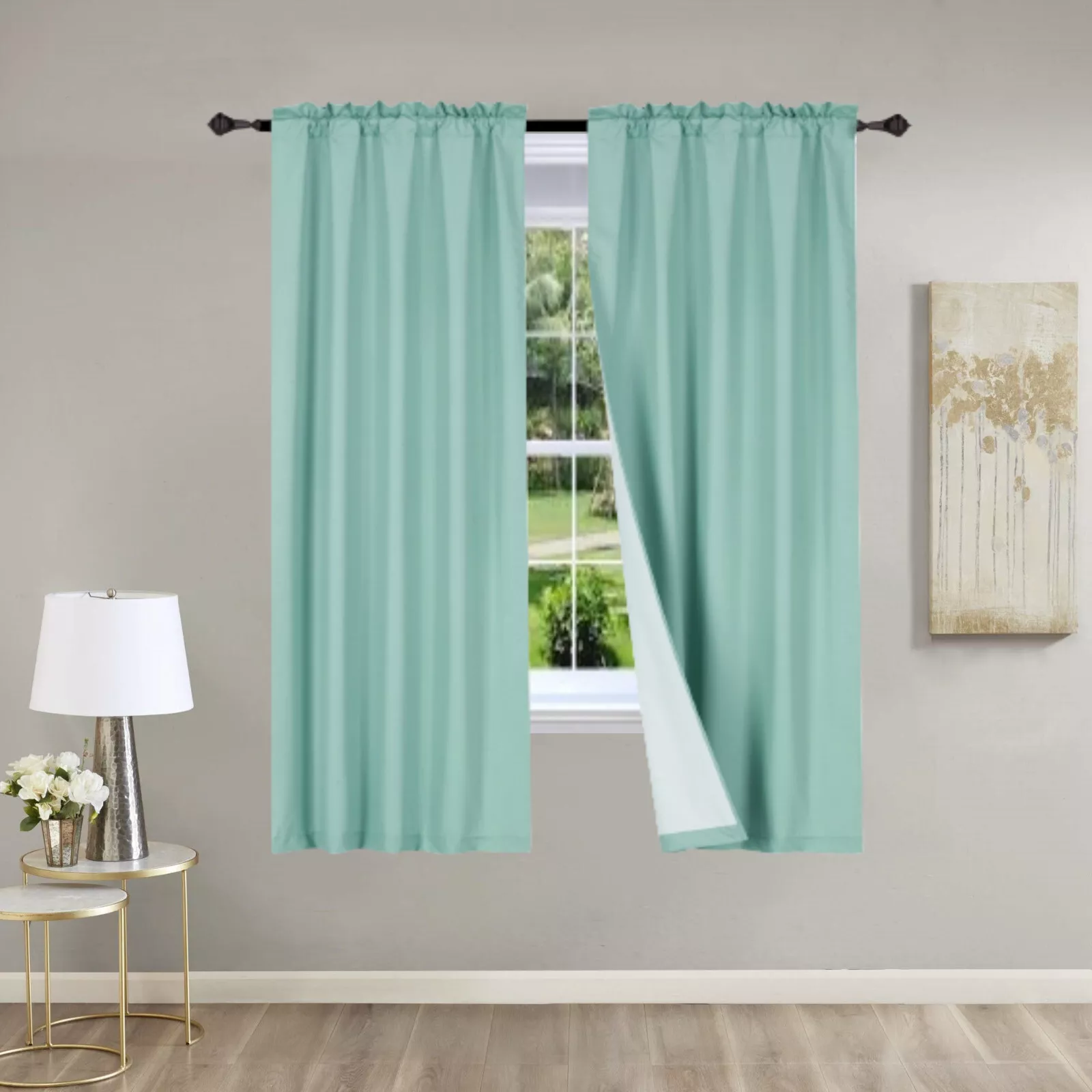 2 Piece Light Teal Light Blocking Panels White Backing Rod Pocket ...