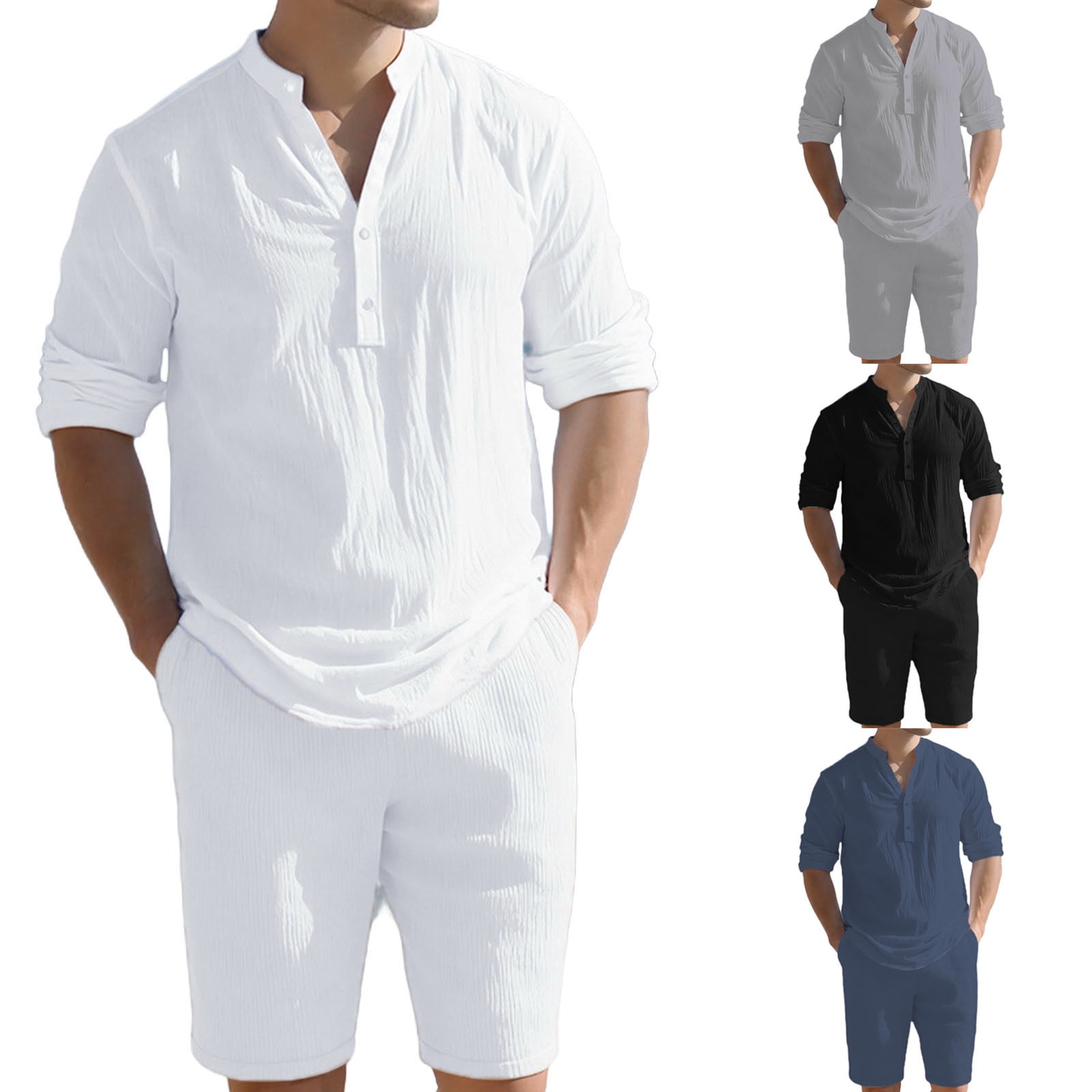 2 Piece Linen Outfits for Men Long Sleeve Henley T Shirt and Shorts Set ...