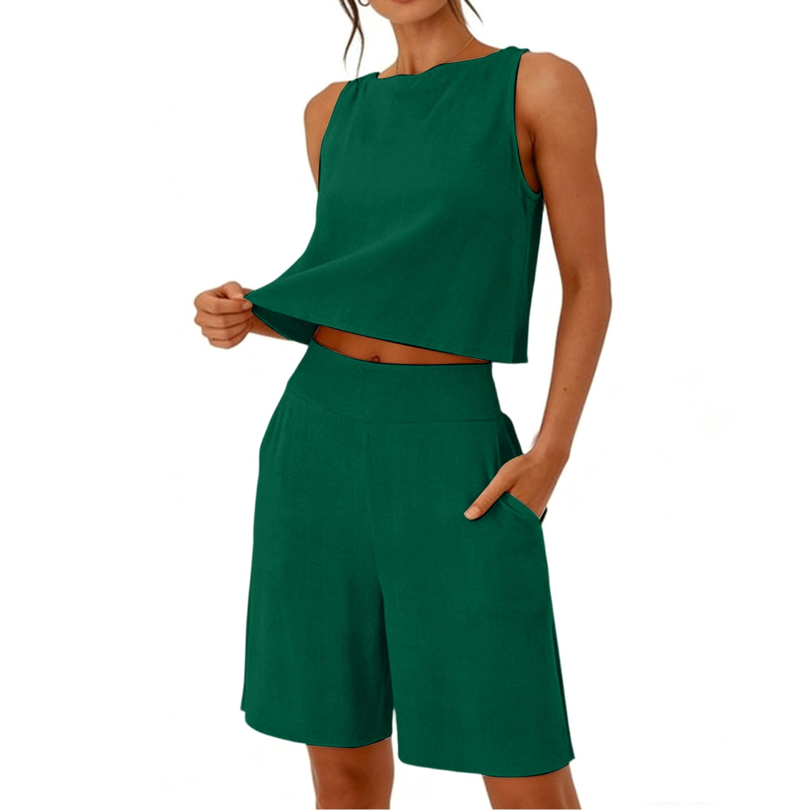 2 Piece Linen Outfits for Women Loose Summer Crop Tank Top Bermuda ...