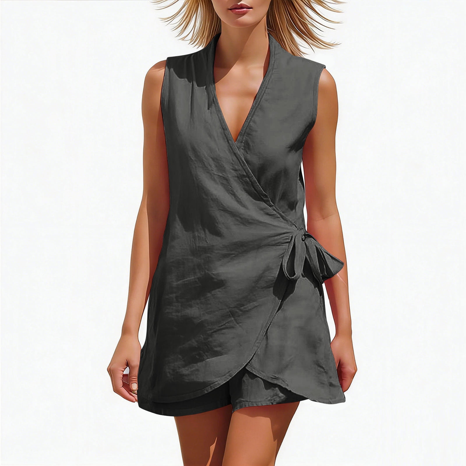 2 Piece Linen Outfits for Women Summer V Neck Wrap Tank Top with Shorts ...