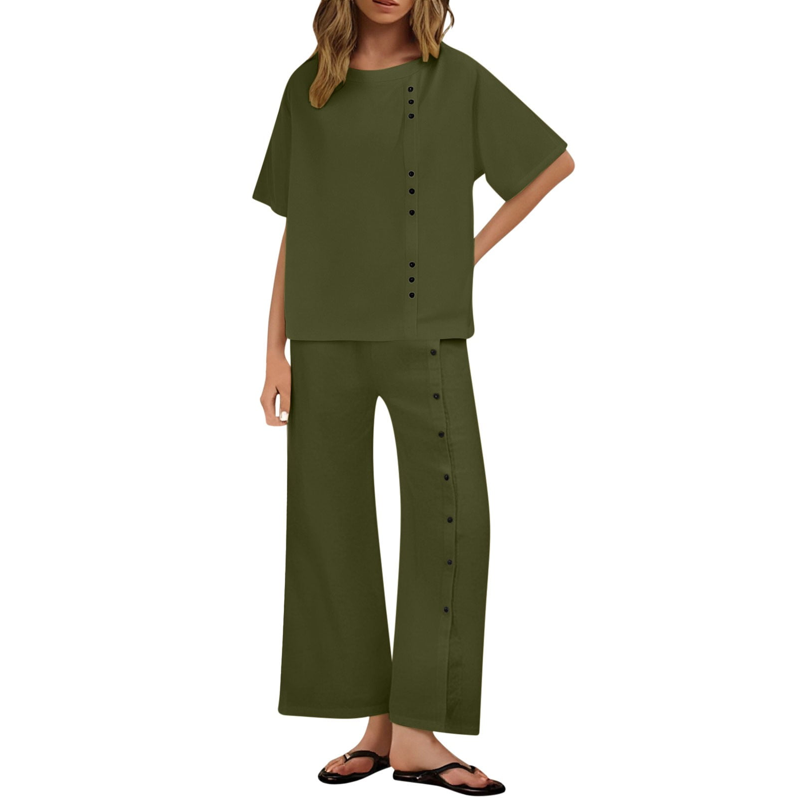 2 Piece Linen Set for Women, Solid Color Short Sleeve Tops and Wide Leg ...