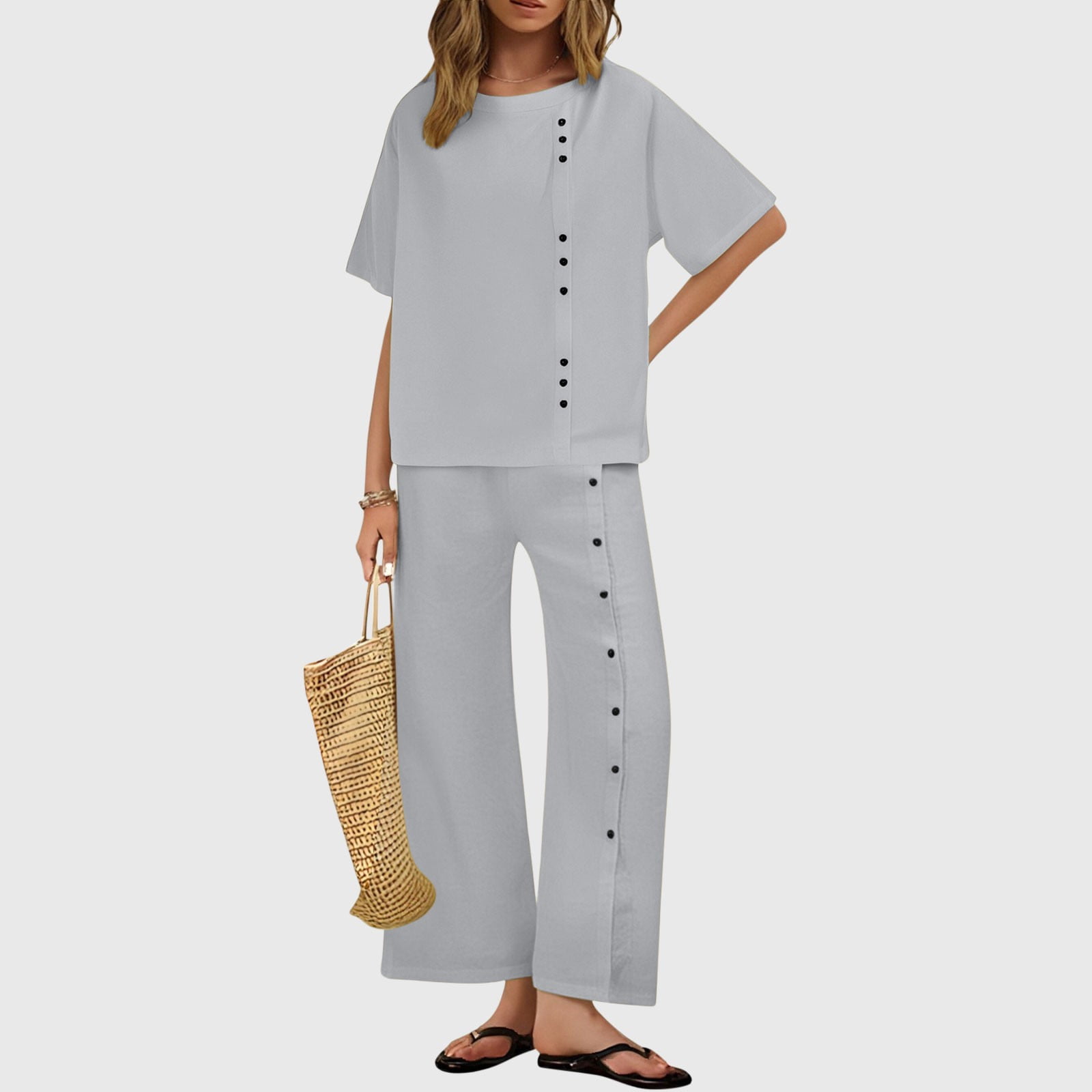 2 Piece Linen Set for Women, Solid Color Short Sleeve Tops and Wide Leg ...