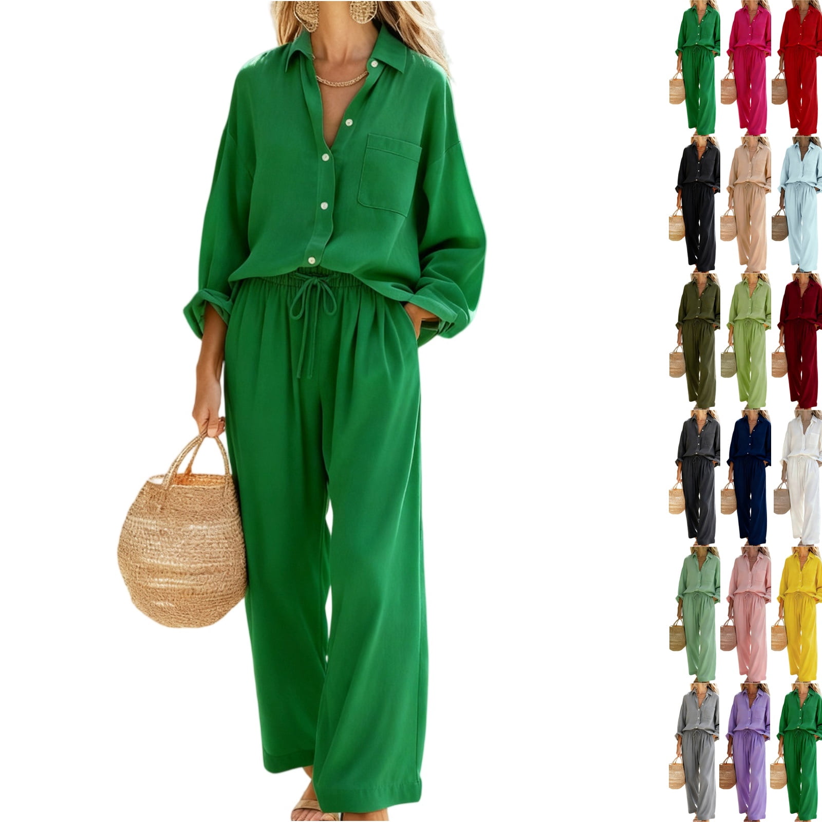 2 Piece Linen Set for Women Long Sleeve Button Down Shirt Top Wide Leg ...
