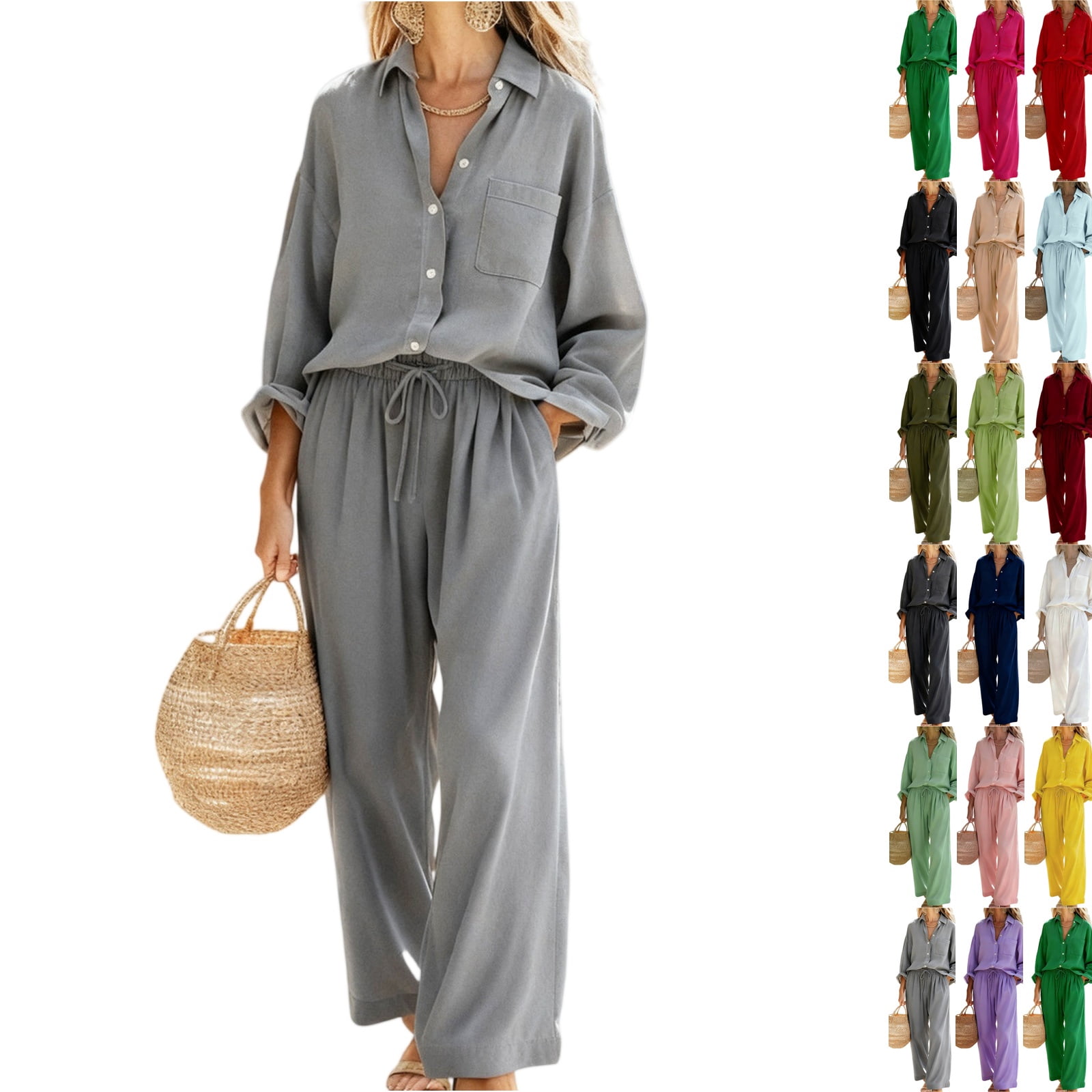 2 Piece Linen Set for Women Long Sleeve Button Down Shirt Top Wide Leg ...