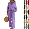 2 Piece Linen Set for Women Long Sleeve Button Down Shirt Top Wide Leg ...