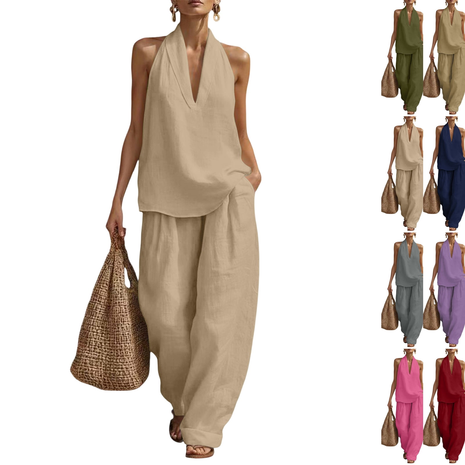 2 Piece Linen Set for Women Sleeveless Halter Top Wide Leg Pants ...