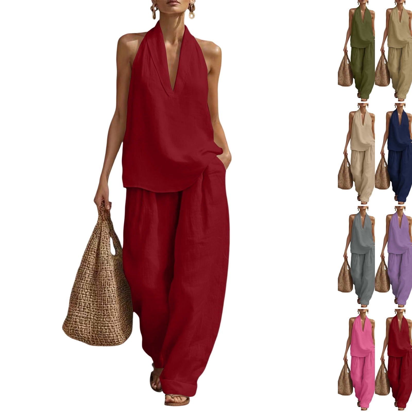 2 Piece Linen Set for Women Sleeveless Halter Top Wide Leg Pants ...