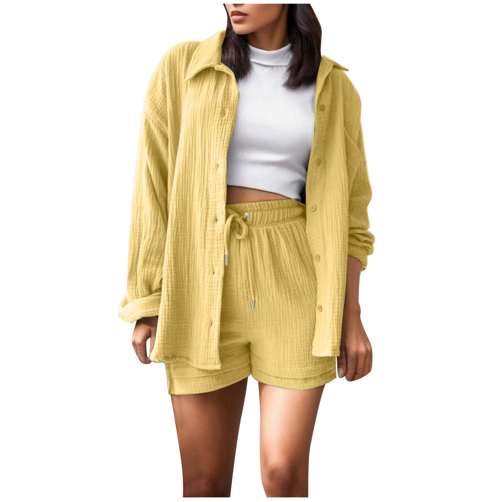 2 Piece Linen Sets for Women Long Sleeve Button Up Collared Shirt and ...