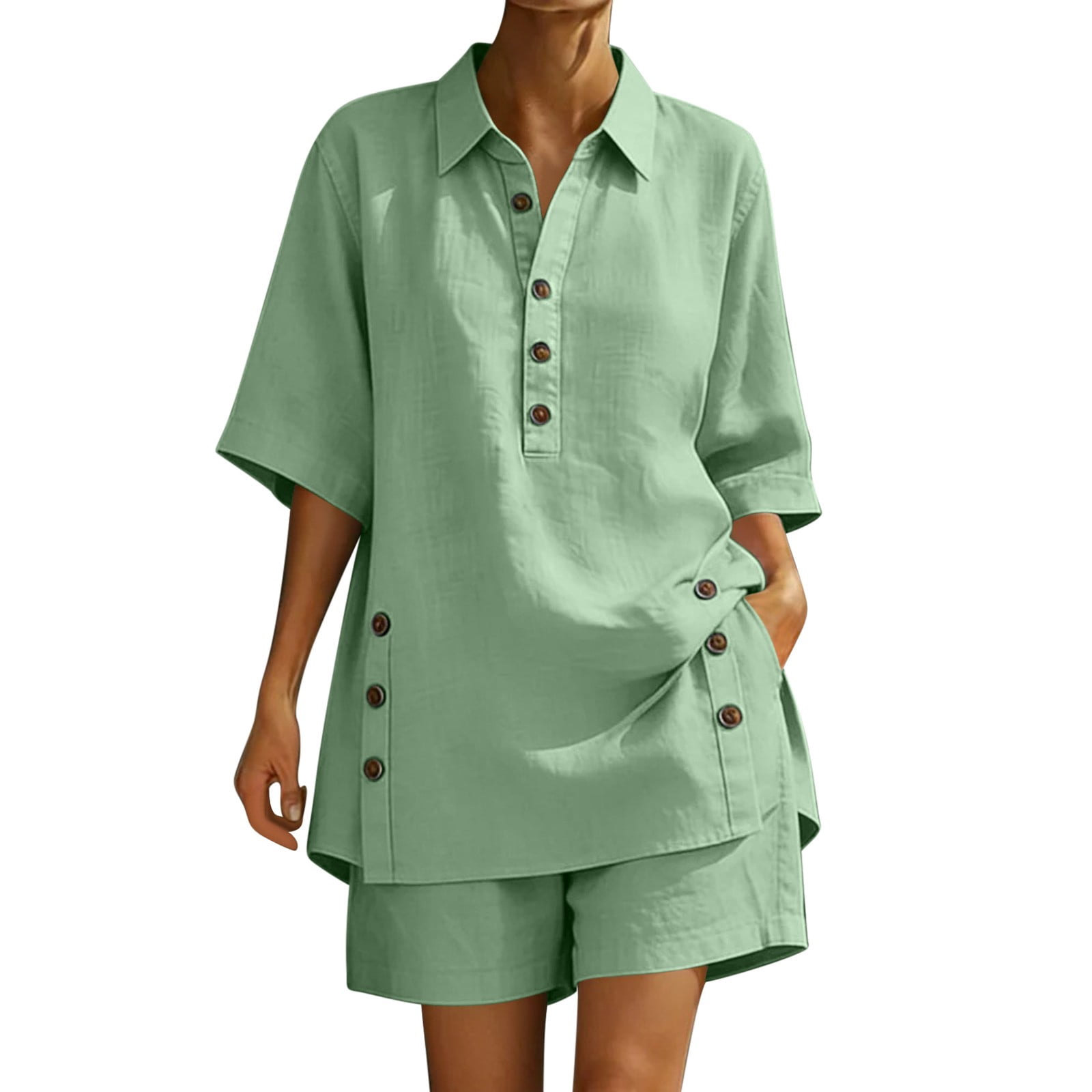 2 Piece Linen Sets for Women Soild Color Lounge Set T-Shirts and Shorts ...