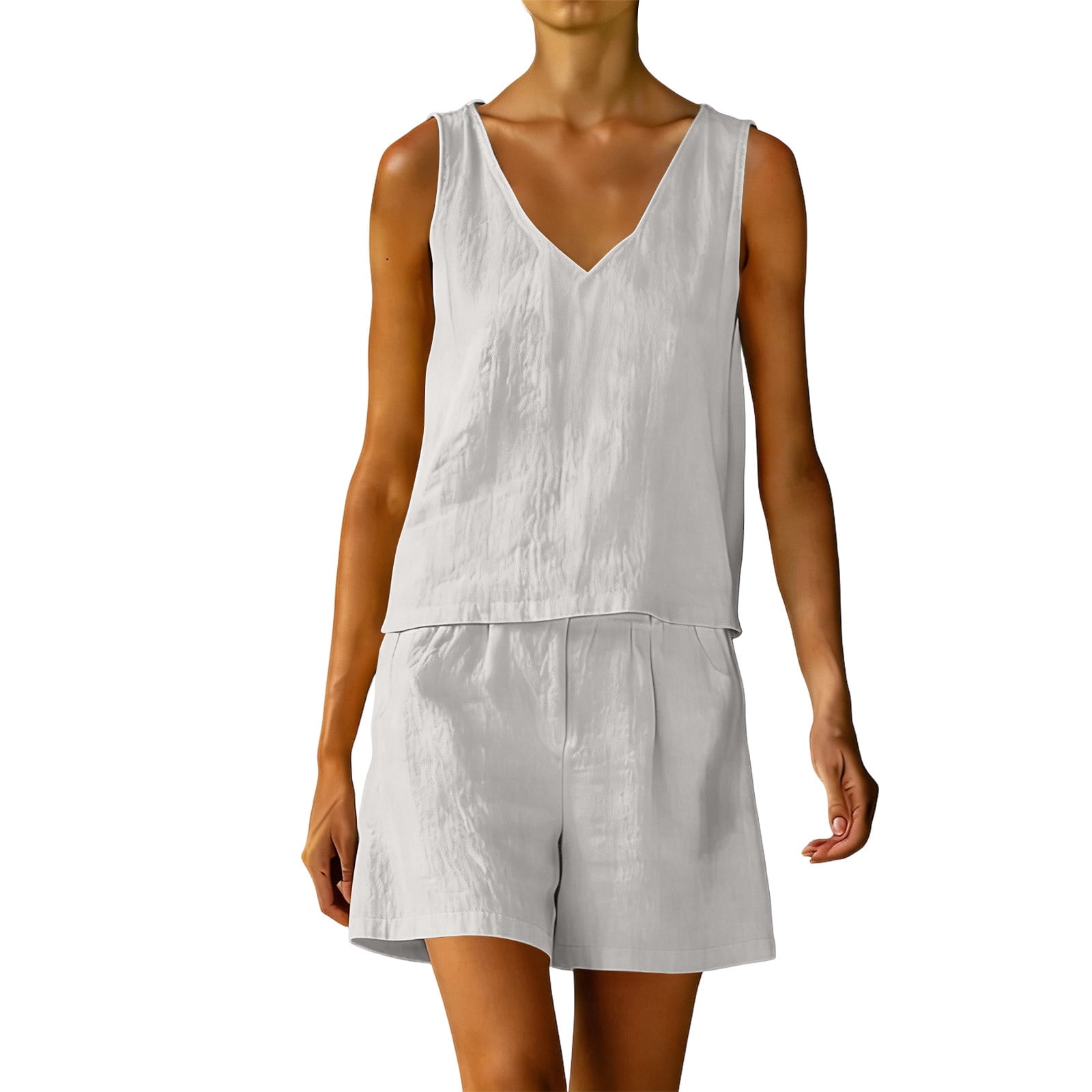 2 Piece Linen Sets for Women Summer Minimalist V Neck Tank Top with ...
