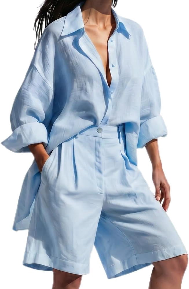 2 Piece Linen Short Set for Women Summer Outfits Long Sleeve Button ...
