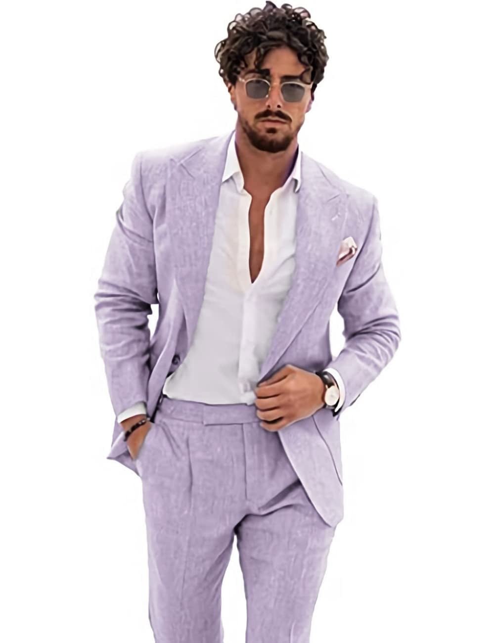 2 Piece Linen Suits for Men Slim Fit Casual Beach Wedding Summer Grooms ...